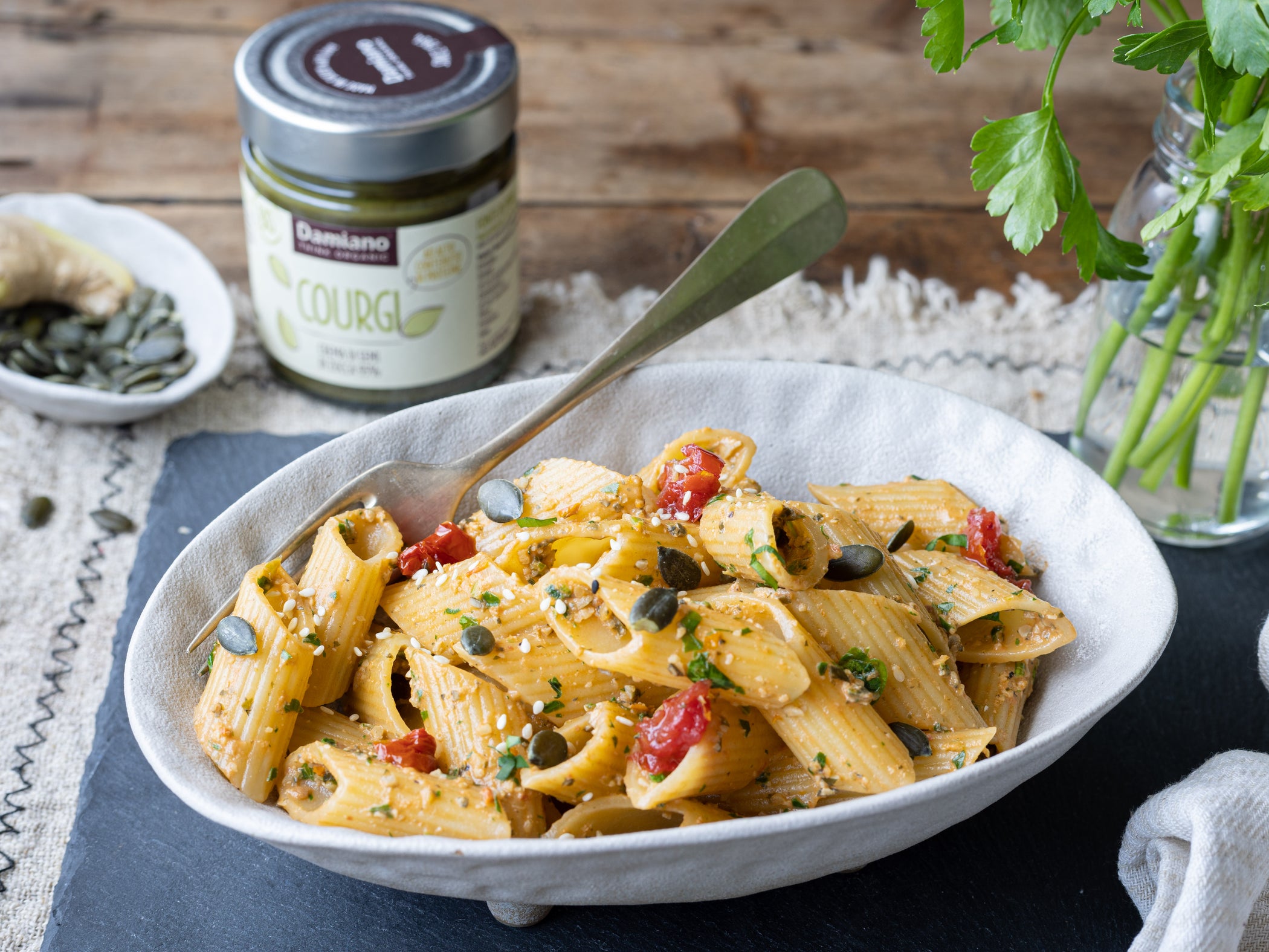 Mezze penne rigate au pesto oriental et aux graines de courge – Damiano ...